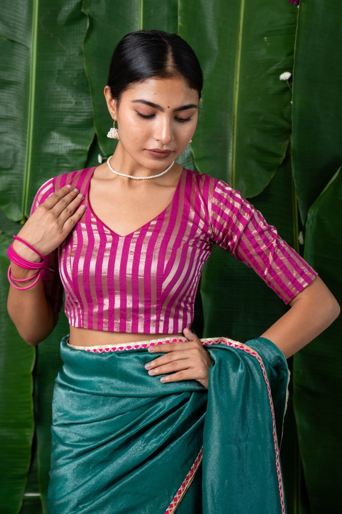 Indira - Pink Chanderi Striped Elbow Sleeve Blouse with V neck – Moora