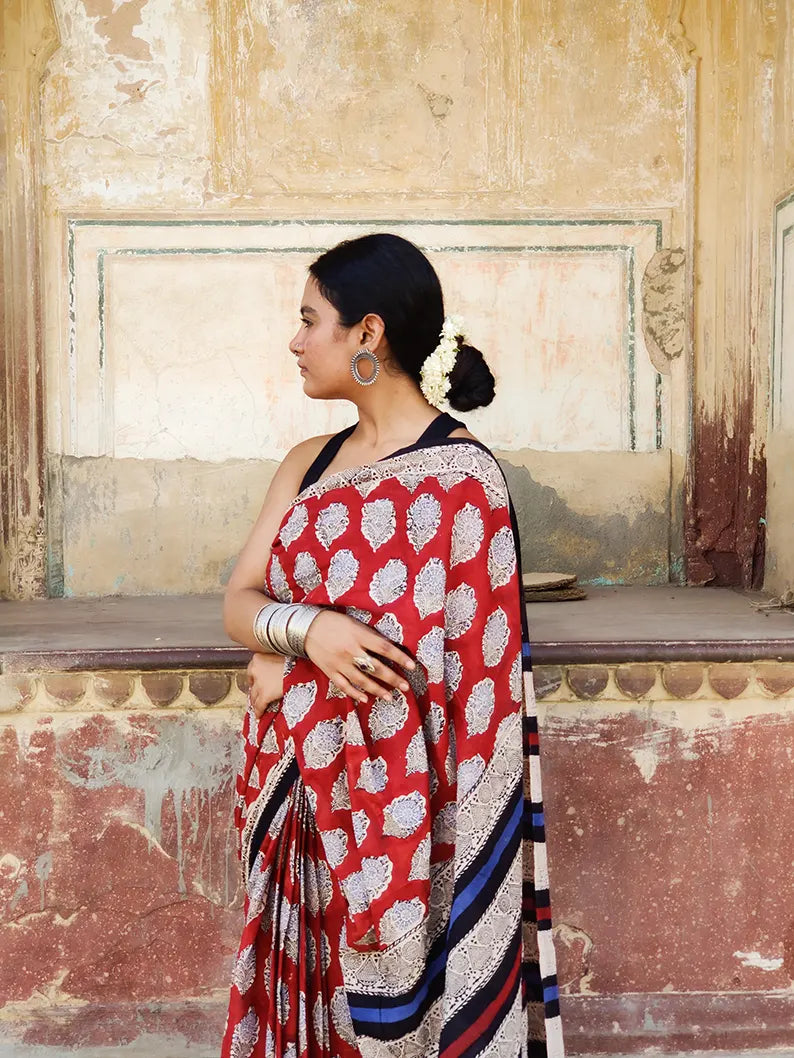 Earthy Red Hand Block Print Mulmul Cotton Bagru Saree