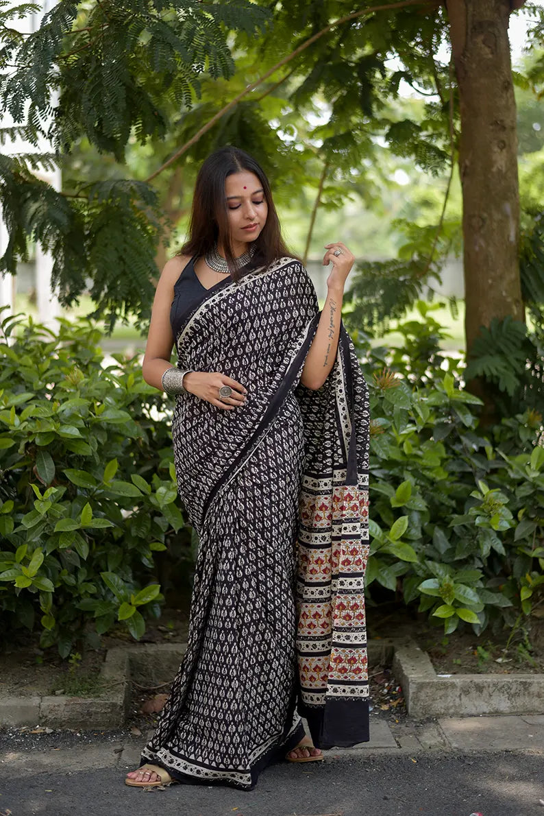 Timeless Tapestry Hand Block Bagru Print Mulmul Cotton Saree Online