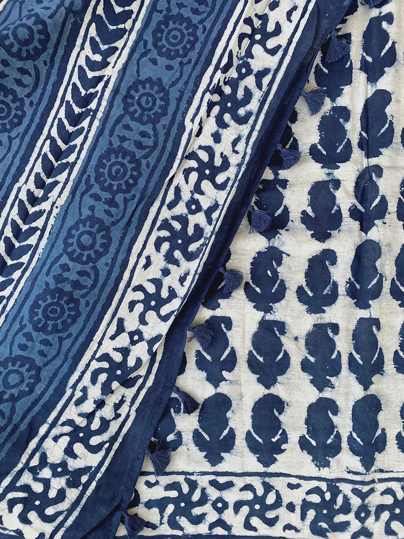 Indigo Paisley Dabu Bagru Hand Block Print Saree Made Of Mulmul