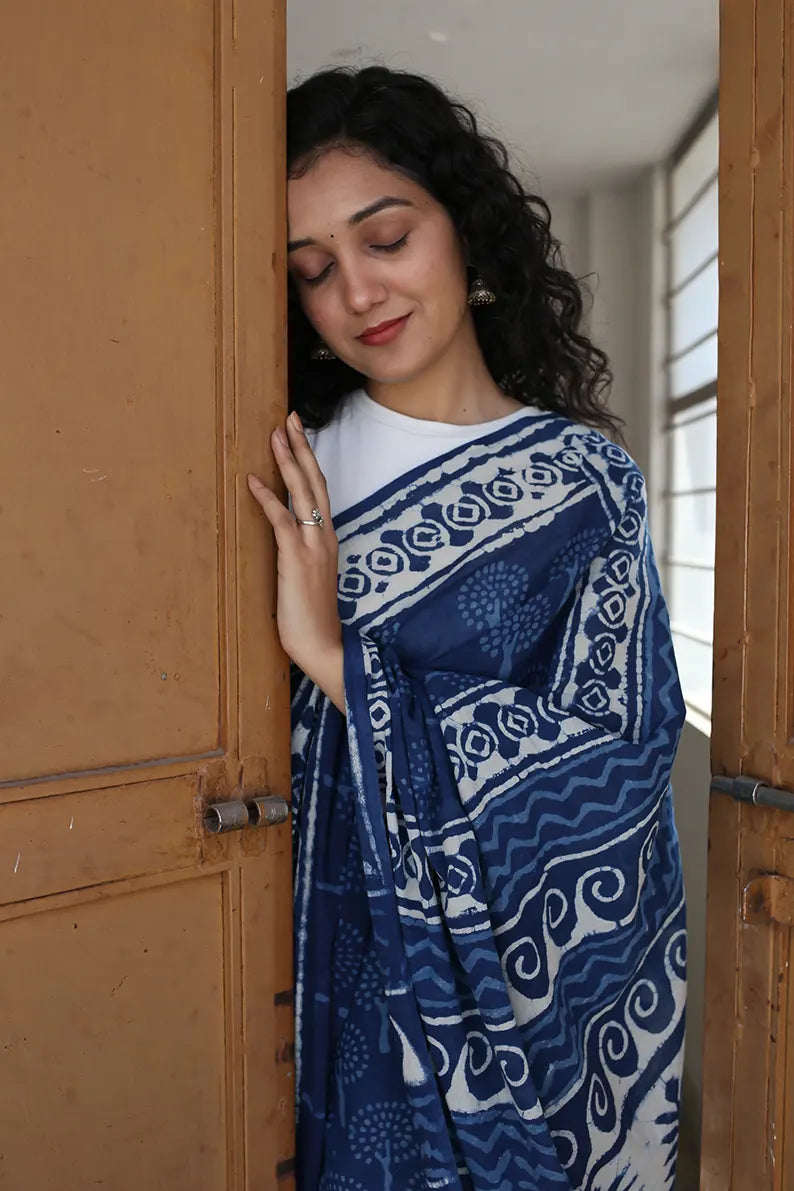 Indigo Bouquet Dabu Bagru Hand Block Print Saree Made Of Mulmul Cotton
