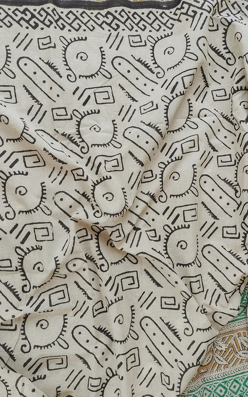 Spring Garden Dabu Bagru Hand Block Print Saree Made Of Mulmul Cotton
